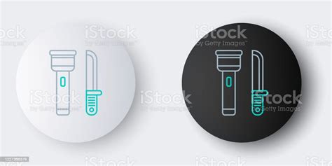 회색 배경에 격리 된 라인 손전등 과 칼 아이콘 컬러풀한 아웃라인 컨셉 벡터 Led 조명에 대한 스톡 벡터 아트 및 기타 이미지