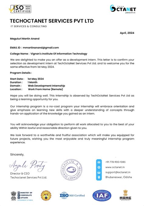 octanet internship webdevelopment offerletter m martin anand