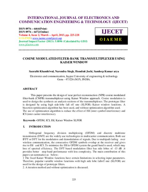 Pdf Cosine Modulated Filter Bank Transmultiplexer Using Kaiser Window