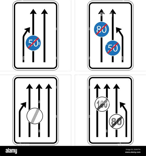 Four Road Signs Showing Different Speed Limits And End Of Speed Limits For Each Lane Stock