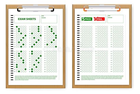 Set Illustration Of Realistic Exam Answer Sheet With Pass And Fail Status Isolated Stock Vector