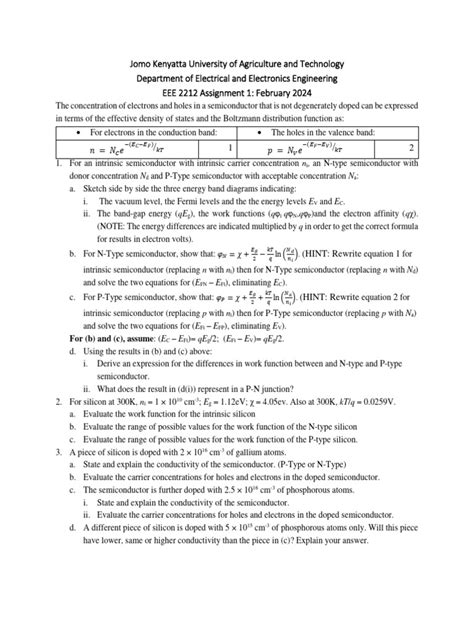 Eee 2212 Assignment 1 February 2024 Pdf Doping Semiconductor Semiconductors