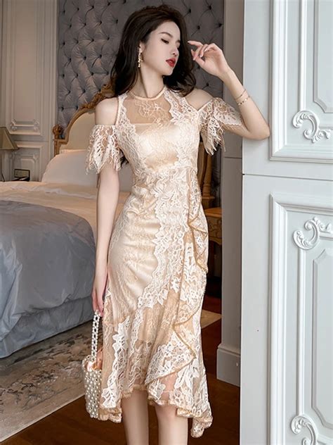 Elbiseler I Inde Yaz Yeni Kad N Zarif Asil Seksi Elbise Sheer Dantel Nak Ruffles