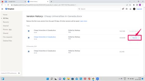 how to restore previous version of a file in dropbox
