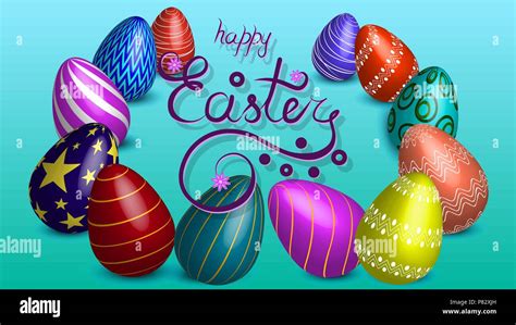 Vector Illustration With Eggs Inscription Happy Easter Blue