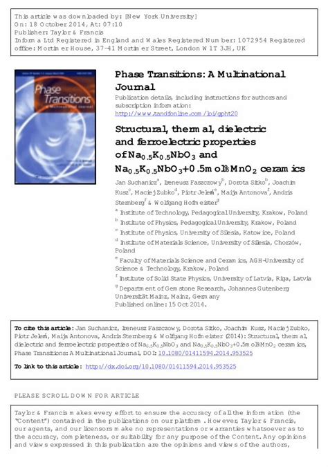 Pdf Structural Thermal Dielectric And Ferroelectric Properties Of Na 05 K 05 Nbo 3 And Na