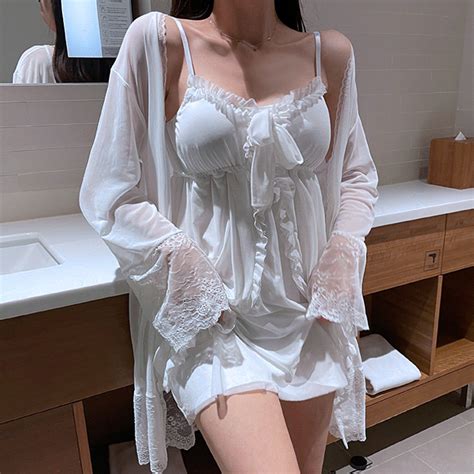 원피스로브세트 호캉스 쉬폰 프릴 레이스 리본 끈나시 원피스 쉬폰 미디 엔젤 시스루 허리끈 로브 파자마 잠옷 세트 에이블리