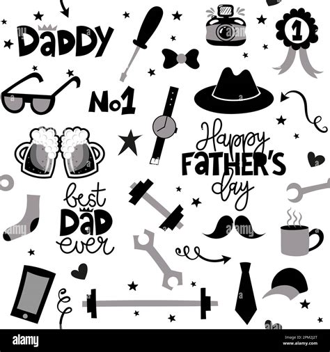 Happy Fathers Day Vector Cute Illustration Of Dad Best Dad Ever Daddy Text Hand Drawn Set