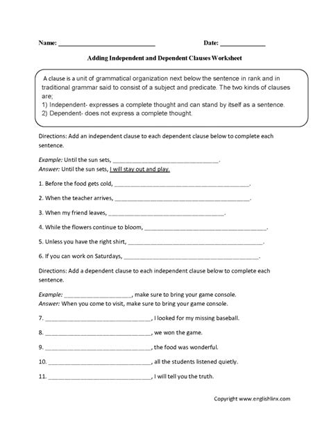 Free Printable Independent And Dependent Clauses Worksheets