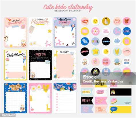 주간 또는 일일 플래너 노트 종이 할 목록 귀여운 아이 일러스트레이션과 영감 따옴표로 장식 스티커 템플릿의 컬렉션 0명에 대한 스톡 벡터 아트 및 기타 이미지 Istock