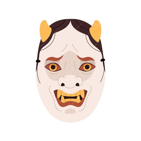 나마나리 악마의 가부키 극장 노 가면 이빨과 뿔이 있는 일본의 화난 연극 얼굴 일본 민속 전통 캐릭터 아시아 머리 평면