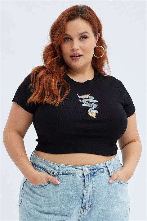 Black Crop Top Dragon Print Rib Short Sleeve You And All