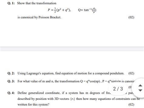 Solved Q 1 Show That The Transformation P { P2 93 Is