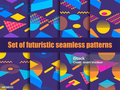 미래 원활한 패턴 집합입니다 80 년대의 스타일에 기하학적 요소입니다 레트로 배경 브로셔 홍보 자료 및 벽지에 대 한 좋은 벡터 일러스트 레이 션 0명에 대한 스톡 벡터