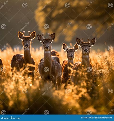 Herd Of Deer Grazing In A Green Field Stock Image Image Of Herbivores