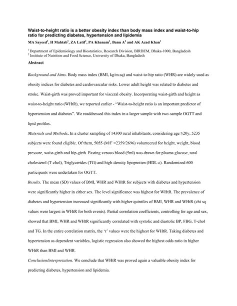 Pdf Waist To Height Ratio Is A Better Obesity Index Than Body Mass Index And Waist To Hip