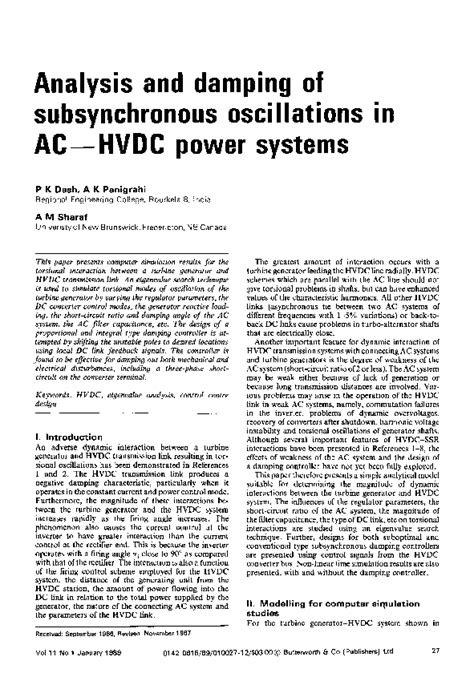 Pdf Analysis And Damping Of Subsynchronous Oscillations In Ac Hvdc Power Systems