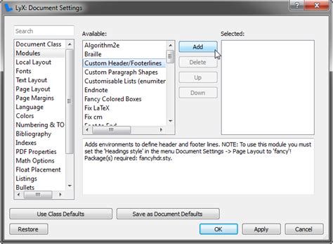 Lyx Adding Headers Tex Latex Stack Exchange