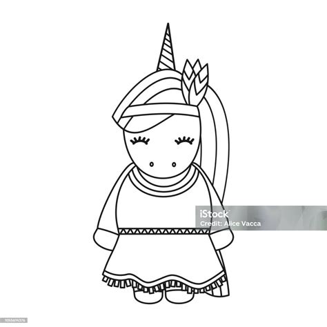 귀여운 만화 사랑 스러운 흑인과 백인 원시 인도 미국 여성 유니콘 추수 감사절 벡터 일러스트 레이 션 유니콘에 대한 스톡 벡터