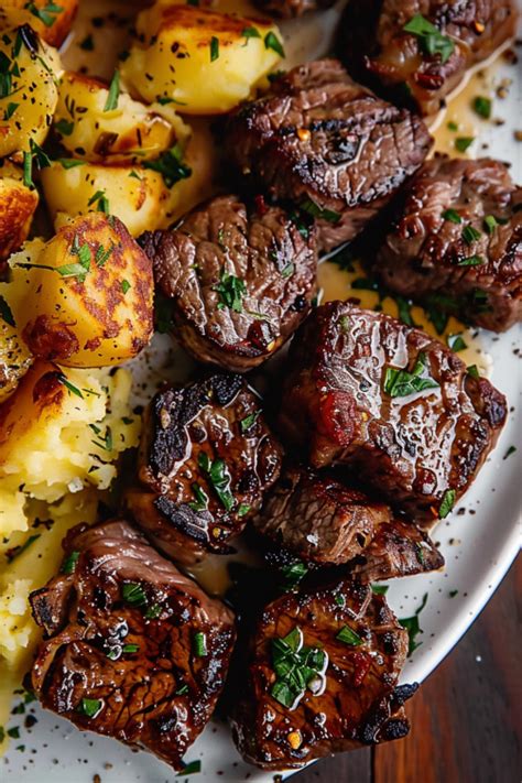Garlic Butter Steak Bites And Cheesy Smashed Potatoes That Oven Feelin