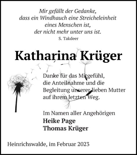Traueranzeigen von Katharina Krüger Trauer Nordkurier