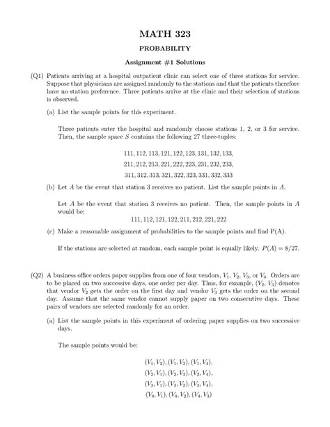 Solution Assignment 1 Math 323 Probability Assignment 1 Solutions