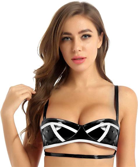 Tiaobug Womens Pu Leather Wet Look Bralette Underboob Crop Tops Cutout Festival Rave Tops