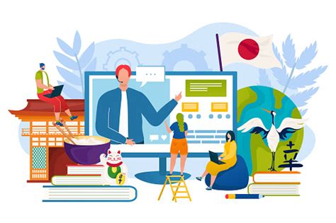 온라인 언어 교육 인터넷 학교에서 일본어를 배우고 벡터 일러스트레이션 학생 남자 여자 캐릭터 는 거리 기술을 말하는 방법을 배운다 개념에 대한 스톡 벡터 아트 및 기타