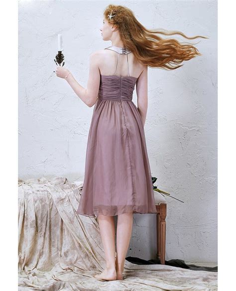 Stylish A Line Halter Knee Length Chiffon Bridesmaid Dress With Ruffles