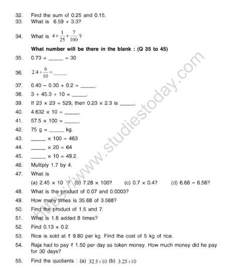 Cbse Class 5 Mental Maths Decimals Worksheet