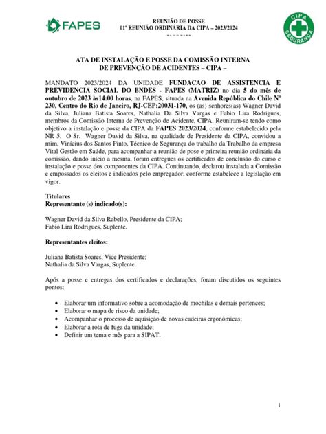 Fapes Ata De Posse E 1º Reunião Ordinária Da Cipa Gestão 20232024 Pdf