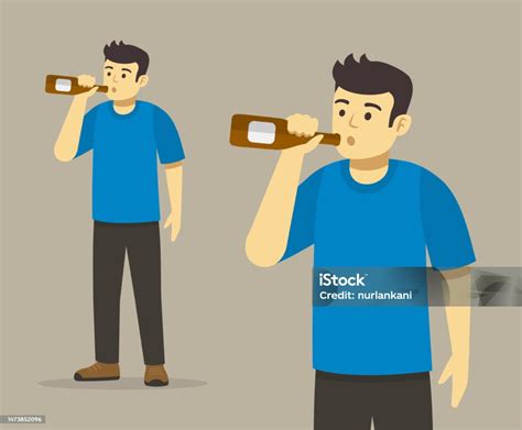 병을 들고 술을 마시는 고립된 젊은 남성 캐릭터 클로즈업 정면도 걱정하는에 대한 스톡 벡터 아트 및 기타 이미지 걱정하는 건강관리와 의술 경영자 Istock