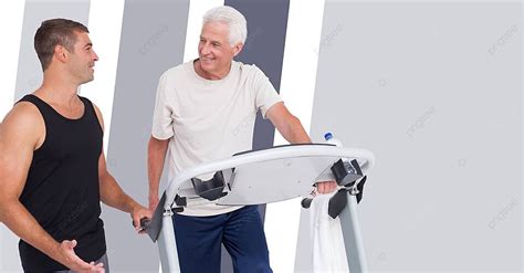 Minimalist Male Fitness Coach And Elderly Man On Treadmill Photo