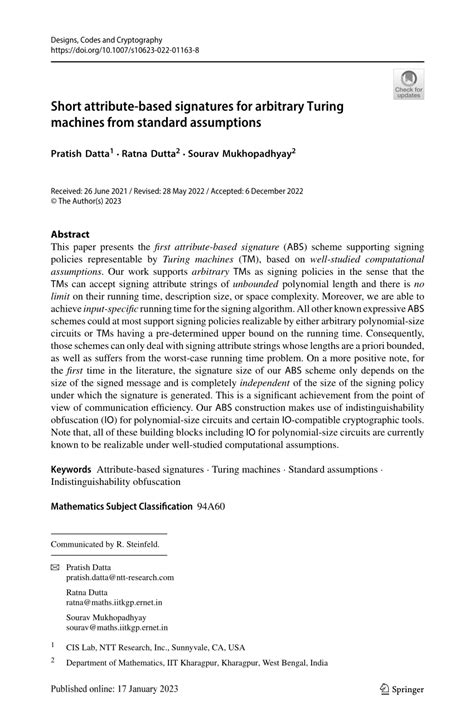 Pdf Short Attribute Based Signatures For Arbitrary Turing Machines From Standard Assumptions