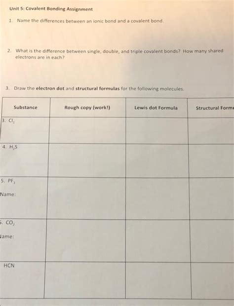 Solved Unit 5 Covalent Bonding Assignment 1 Name The