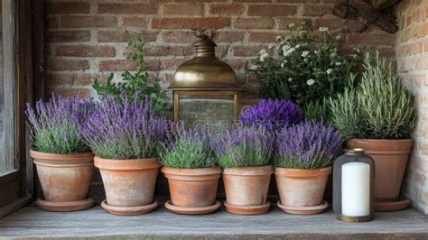 Aromatic Lavender And Rosemary Plants Growing In Terracotta Pots On