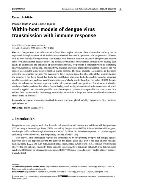 Pdf Within Host Models Of Dengue Virus Transmission With Immune Response