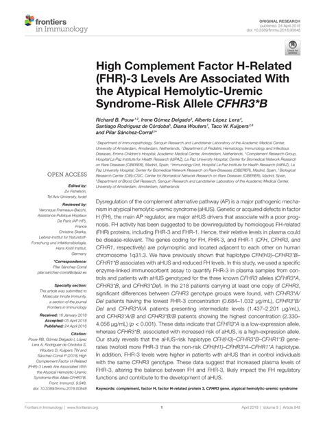 Pdf High Complement Factor H Related Fhr 3 Levels Are Associated With The Atypical Hemolytic