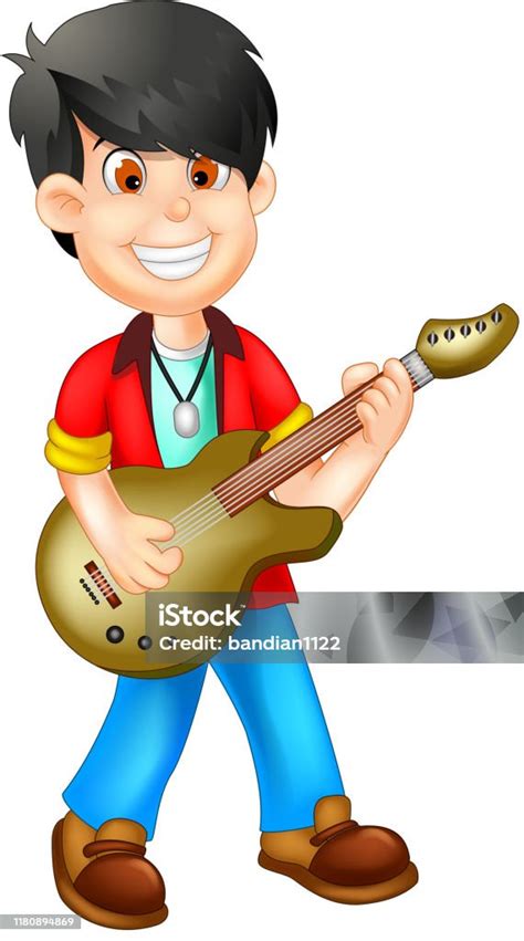 Rolig Pojke Spelar Gitarr Tecknad Vektorgrafik Och Fler Bilder På Barn Barn Barndom Clipart