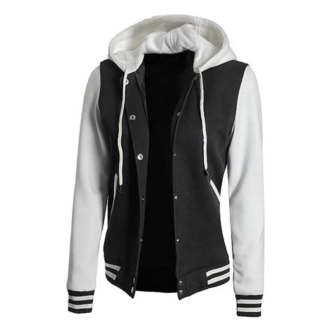 Custom Black And White Hooded Varsity Jacket Baseball Style Wholesale