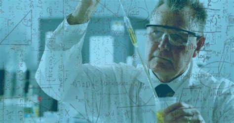 Scientist Working In Lab With Mathematical Equations Image Overlaid
