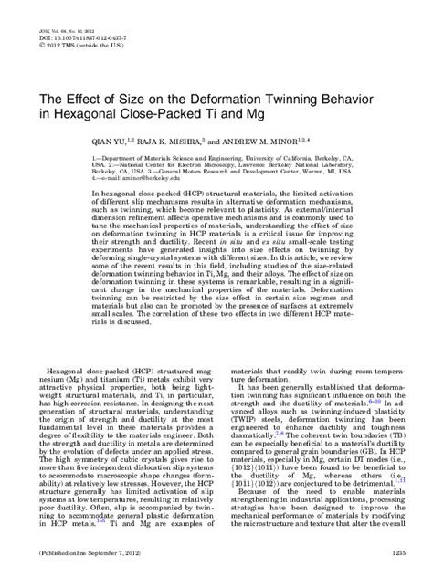 Pdf The Effect Of Size On The Deformation Twinning Behavior In Hexagonal Close Packed Ti And Mg