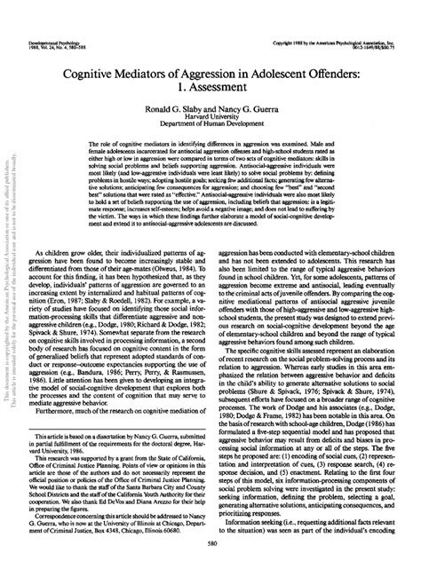 Cognitive Mediators Of Aggression In Adolescent Offenders Assessment Pdf Aggression