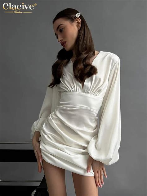 Clacive Vestido Bodycon Sexy De Cetim Branco Para Mulheres Decote Em V