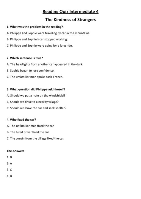 Reading Quiz Intermediate 4 Philippe And Sophie Were Traveling By Car