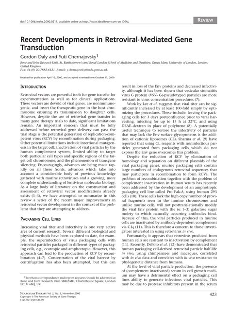 Pdf Recent Developments In Retroviral Mediated Gene Transduction