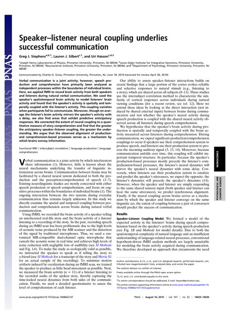PDF Speaker Listener Neural Coupling Underlies Successful Communication