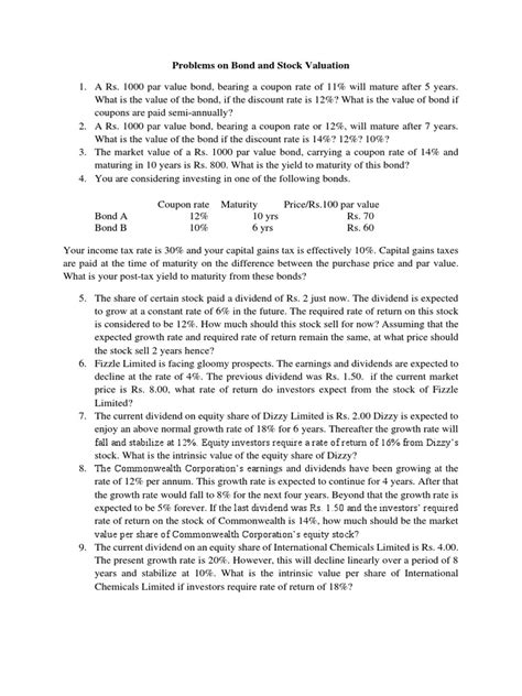 Problems Valuation Of Bonds And Stocks Pdf Bonds Finance