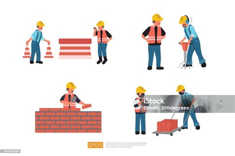 Construction Builder 문자 집합입니다 도로에 펜싱 경고 콘을 설치하고 작업자는 착암기로 노면을 뚫고 벽돌 벽을