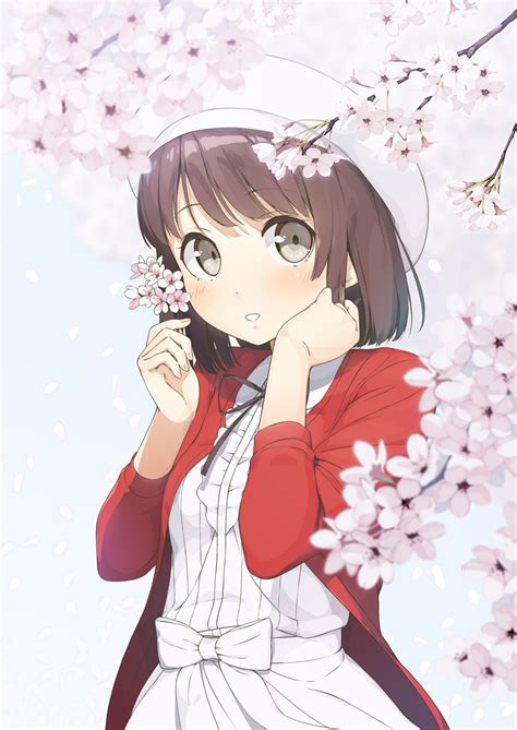 Safebooru 1girl Beret Blush Branch Brown Hair Cherry Blossoms